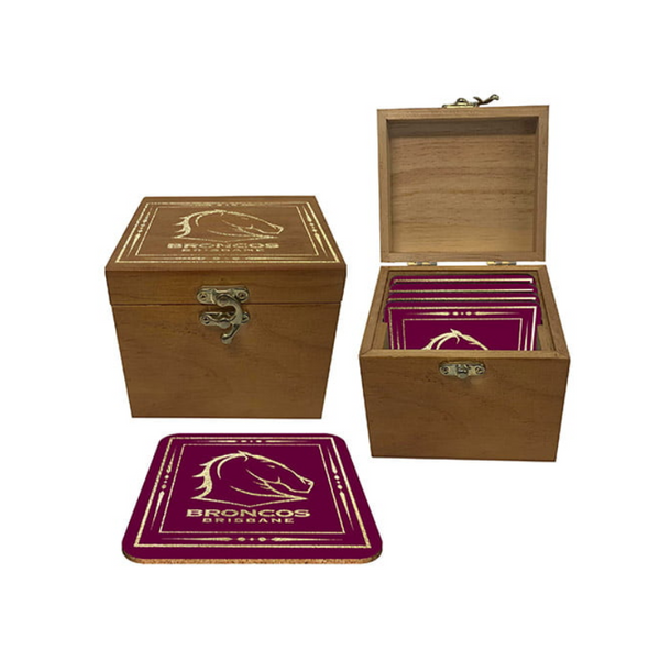 NRL Brisbane Broncos 4 Set Cork Coasters In Wooden Box – Smooth Sales