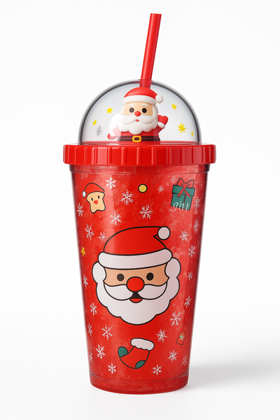 Christmas Santa Plastic Tumbler Cup with Dome Lid & Straw 450ml ...