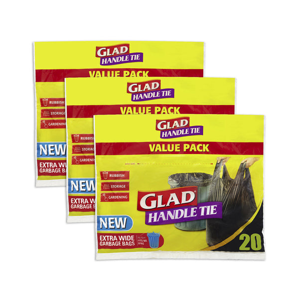 3 Pack x Glad Extra Wide Garbage Bags with Handle Tie 56L (20pc ...