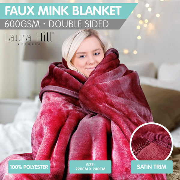Laura Hill 600GSM Faux Mink Blanket Double-Sided Queen Size - Wine Red ...